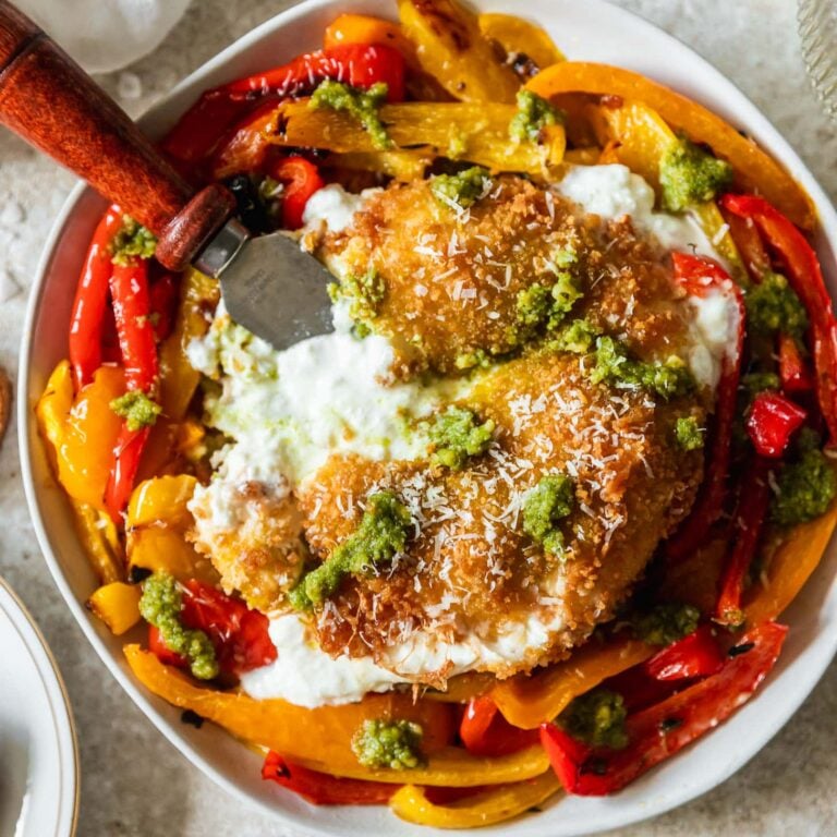 Fried Burrata with Roasted Peppers & Pesto • Sunday Table