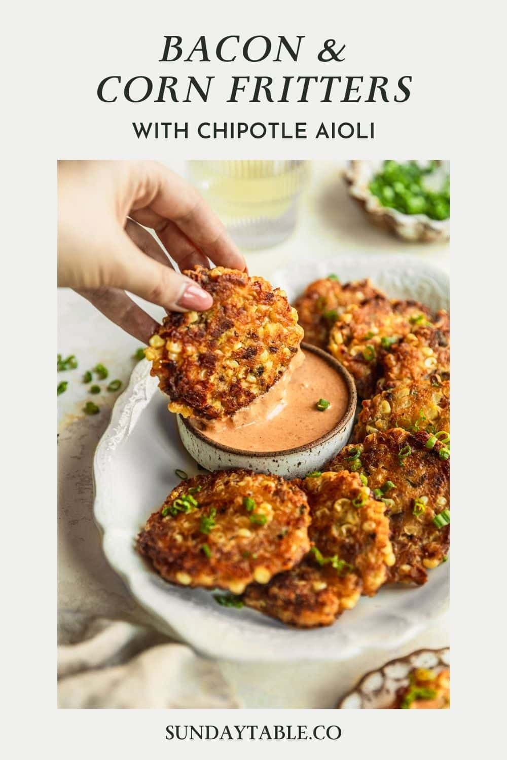 Bacon and Corn Fritters with Chipotle Aioli • Sunday Table