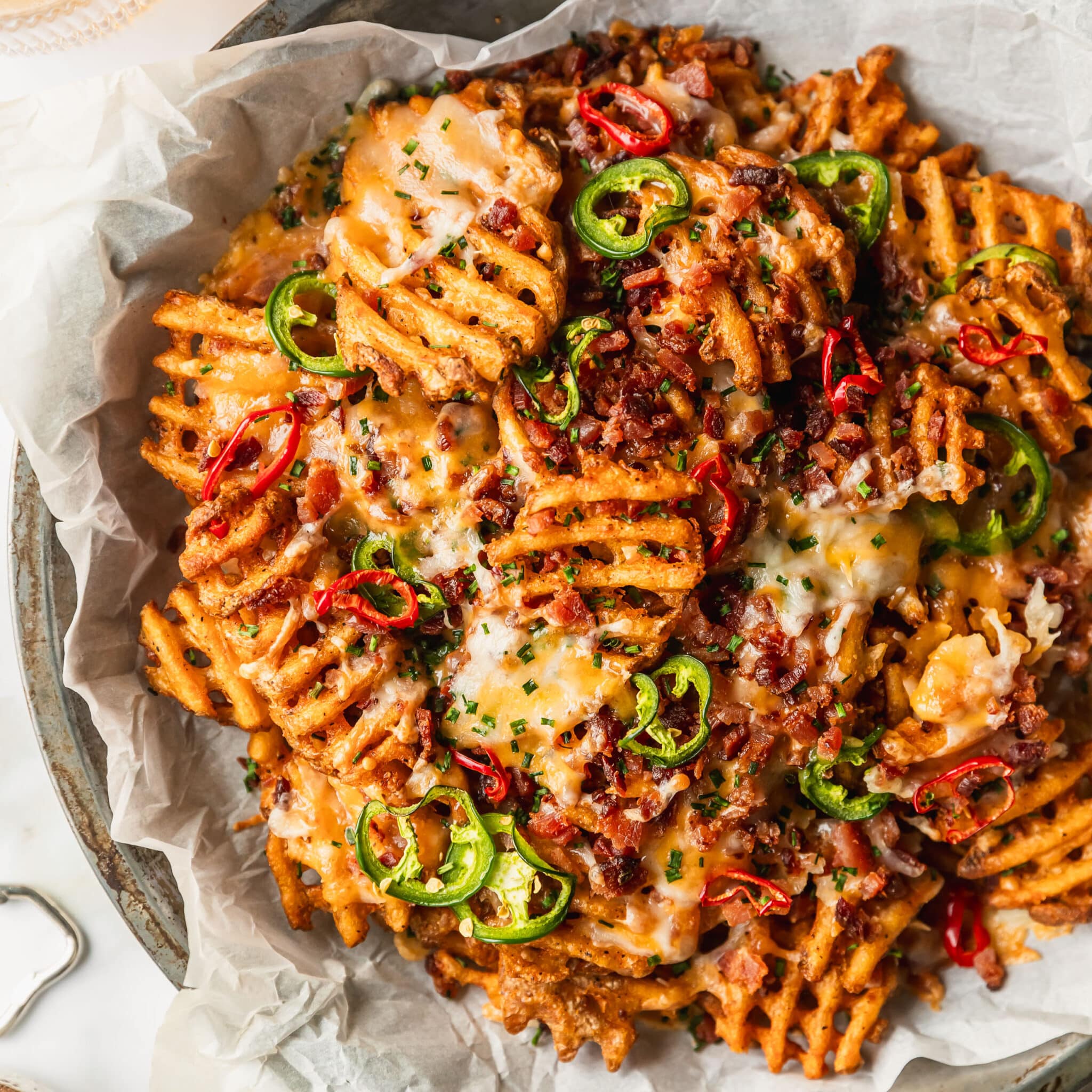 Cheesy Loaded Waffle Fries with Bacon • Sunday Table